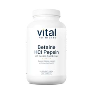 vital nutrients betaine hcl pepsin with gentian root extract | digestive enzyme formula to support protein digestion and nutrient absorption* | gluten, dairy, soy free | 225 capsules