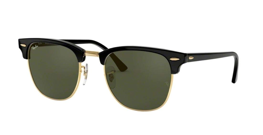 Ray Ban Sunglasses Clubmaster RB3016 W0365 Ebony Black/Arista Gold/Crystal Green, 51mm, Black Frame/Green G-15xlt Lens, 51 mm