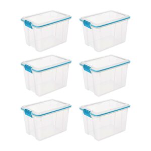 sterilite 20 qt gasket box, stackable storage bin with latching lid and tight seal, plastic container to organize basement, clear base and lid, 6-pack