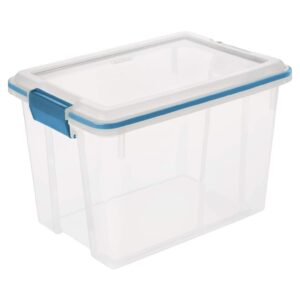 Sterilite 20 Qt Gasket Box, Stackable Storage Bin with Latching Lid and Tight Seal, Plastic Container to Organize Basement, Clear Base and Lid, 6-Pack