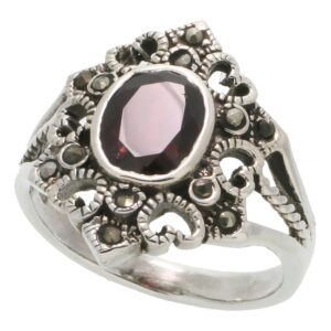 sterling silver marcasite hexagon-shaped ring, w/oval cut natural garnet, 3/4 inch (21 mm) wide, size 9