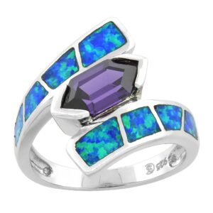 sterling silver blue synthetic opal hexagon cut ring for women amethyst cz center 3/4 inch size 7