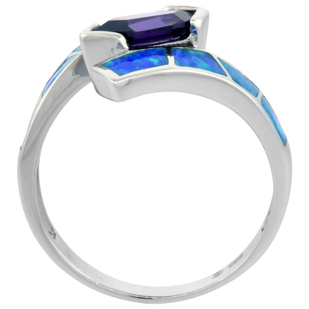 Sterling Silver Blue Synthetic Opal Hexagon Cut Ring for Women Amethyst CZ Center 3/4 inch size 7