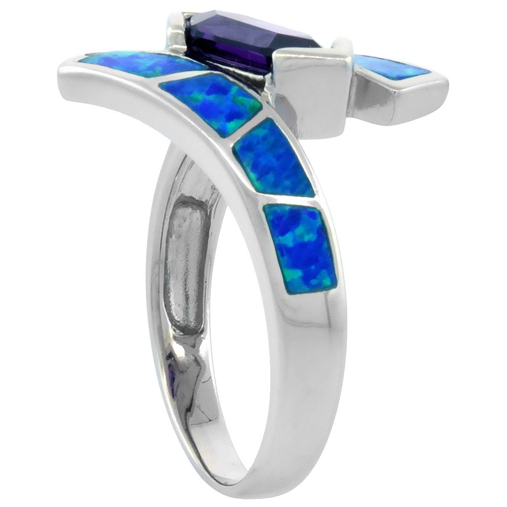 Sterling Silver Blue Synthetic Opal Hexagon Cut Ring for Women Amethyst CZ Center 3/4 inch size 7