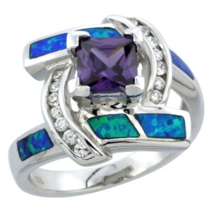 sterling silver blue synthetic opal princess cut bypass ring for women white & amethyst cz 5/8 inch size 7