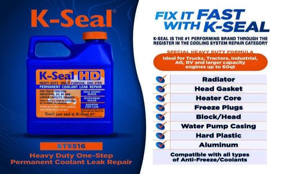 K-Seal ST5516 Heavy-Duty Multi-Purpose One Step Permanent Coolant Leak Repair, 8oz, Pour and Go, Mixes with All Antifreeze, No Flushing Required