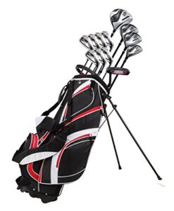 precise s7 tall men’s (6'1" to 6'4") right handed complete golf club set, include 460cc driver, 3 wood, 5 wood, 24* hybrid, 5-9 pw irons, sand wedge, putter, deluxe stand bag & 4 headcovers, black/red