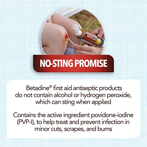 Betadine Antiseptic Liquid First Aid Solution, Povidone-iodine 10%, Infection Protection, Kills Germs In Minor Cuts Scrapes And Burns, No Sting Promise, No Alcohol or Hydrogen Peroxide, 8 FL OZ