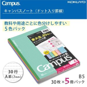 KOKUYO Campus Notebook, A 7mm(0.28in) Dot Ruled, Semi-B5, 30 Sheets, Pack of 5, 5 Colors, Japan Import (NO-3CATNX5)