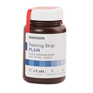 mckesson packing strip, sterile, plain, 100% cotton, 1/4 in x 5 yds, 1 count