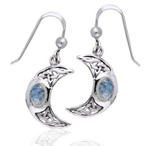 celtic knot and crescent moon spirit with genuine rainbow moonstone sterling silver hook earrings