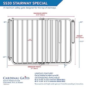 Cardinal Gates SS30 Stairway Special Baby Gate for Stairs - Adjustable Indoor Dog Gate - Aluminum Safety Gate for Kids & Pets - Can be Installed at Angles - 27 to 42.5 Inches Wide - Black