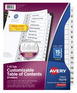 avery 15 tab dividers for 3 ring binders, customizable table of contents, classic white tabs, 3 sets (11079)