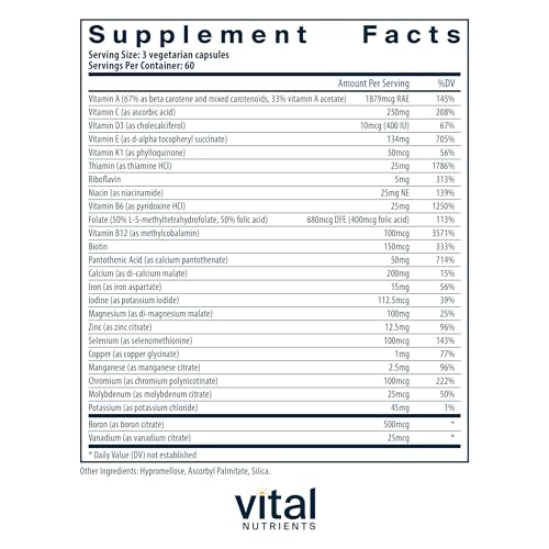 Vital Nutrients - PreNatal Multi-Nutrients - Women's Multi-Vitamin/Mineral Formula with Potent Antioxidants - 180 Vegetarian Capsules per Bottle