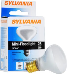 sylvania mini-floodnight incandescent bulb, 25w r14, intermediate base, reflector, 130 lumens, 2850k, 120v, frosted - 1 pack (14784), warm white