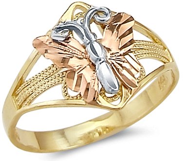 Sonia Jewels Size- 4.5-14k Yellow White n Rose Three Color Gold Butterfly Ring