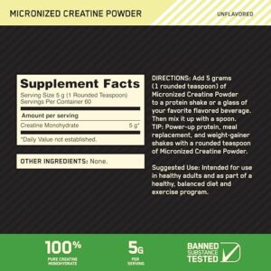 Optimum Nutrition Micronized Creatine Monohydrate Powder, Unflavored, Keto Friendly, 60 Servings (Packaging May Vary)