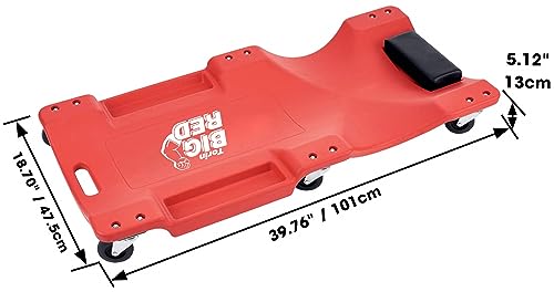 BIG RED TRP6240 Torin Blow Molded Plastic Rolling Garage/Shop Creeper: 40" Mechanic Cart with Padded Headrest, Dual Tool Trays and 6 Casters, Red