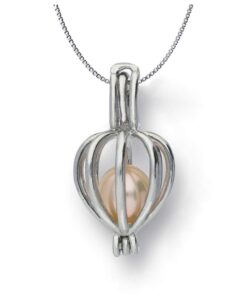 pearlina sterling silver heart cage locket necklace cultured wish pearl in oyster set, 18"