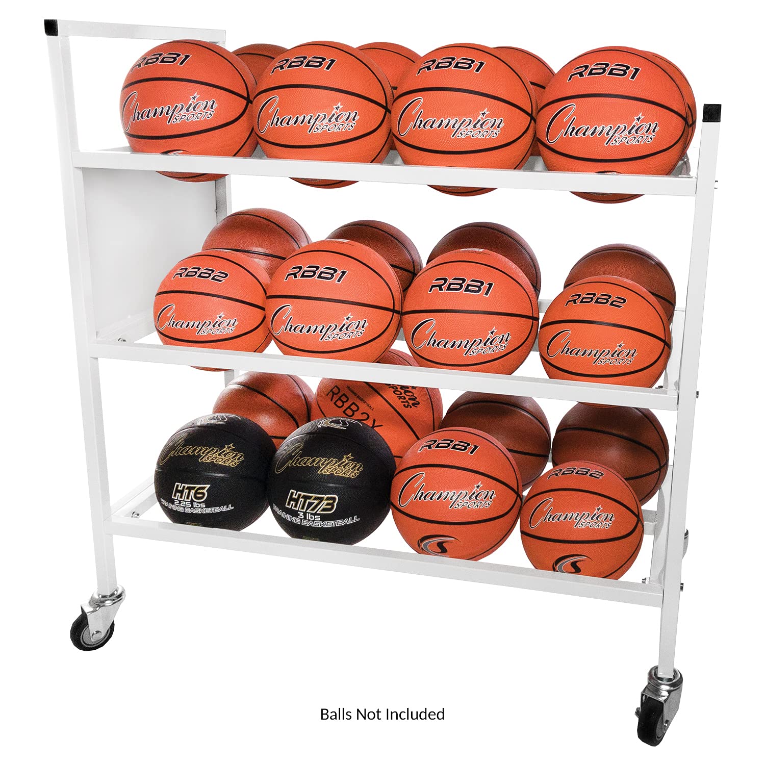 Champion Sports Three Tier Basketball Storage Cart with Swivel Caster Wheels, 24 Ball Capacity (White)