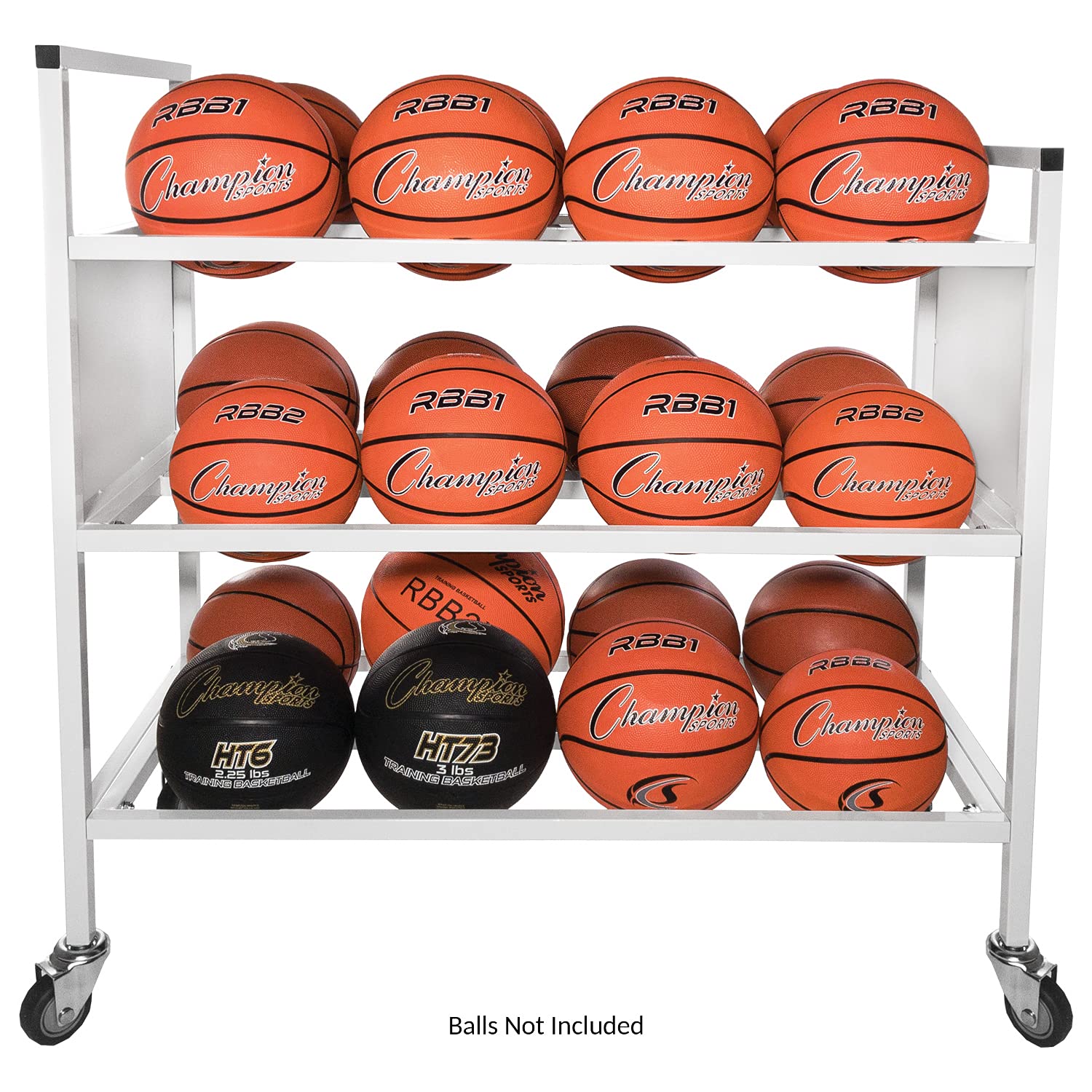 Champion Sports Three Tier Basketball Storage Cart with Swivel Caster Wheels, 24 Ball Capacity (White)