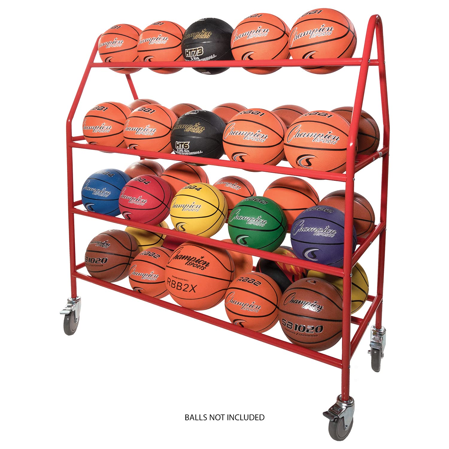 Champion Sports Four Tier Basketball Storage Rack Cart with Swivel Caster Wheels, 35 Ball Capacity (Red)