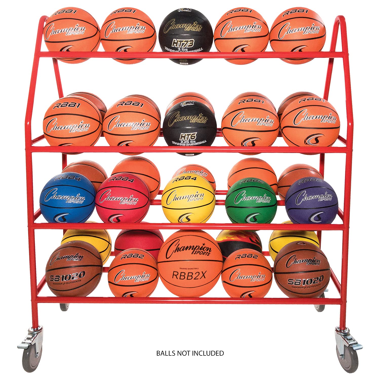 Champion Sports Four Tier Basketball Storage Rack Cart with Swivel Caster Wheels, 35 Ball Capacity (Red)