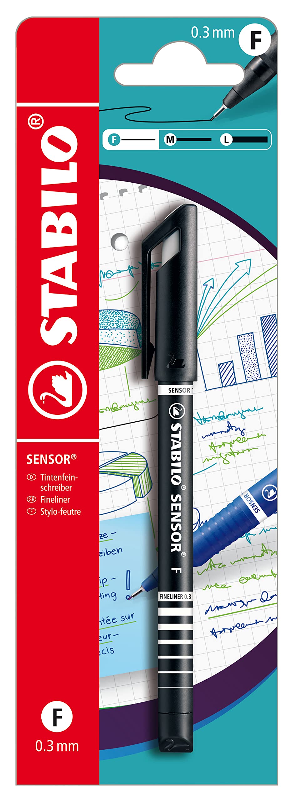 STABILO Fineliner with Cushioned F-Tip - Sensor F - Pack of 1 - Black