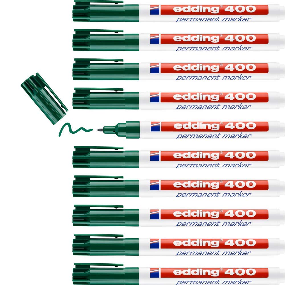 Edding 400 permanent marker - green - 10 pens - fine round tip 1 mm - waterproof, quick-drying, smear-proof pens - for cardboard, plastic, wood, metal, glass and fabric