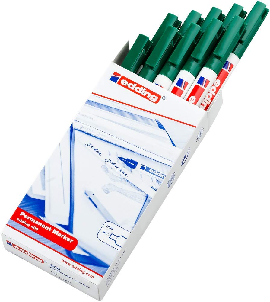 Edding 400 permanent marker - green - 10 pens - fine round tip 1 mm - waterproof, quick-drying, smear-proof pens - for cardboard, plastic, wood, metal, glass and fabric