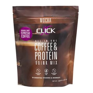 click coffee protein, protein & real coffee all-in-one, meal replacement nutrition drink, mocha flavor, 23 essential vitamins, double shot espresso coffee, hot or cold, 15.8-ounce