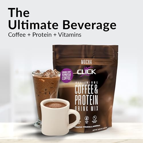 Click Coffee Protein, Protein & Real Coffee All-in-One, Meal Replacement Nutrition Drink, Mocha Flavor, 23 Essential Vitamins, Double Shot Espresso Coffee, Hot or Cold, 15.8-Ounce