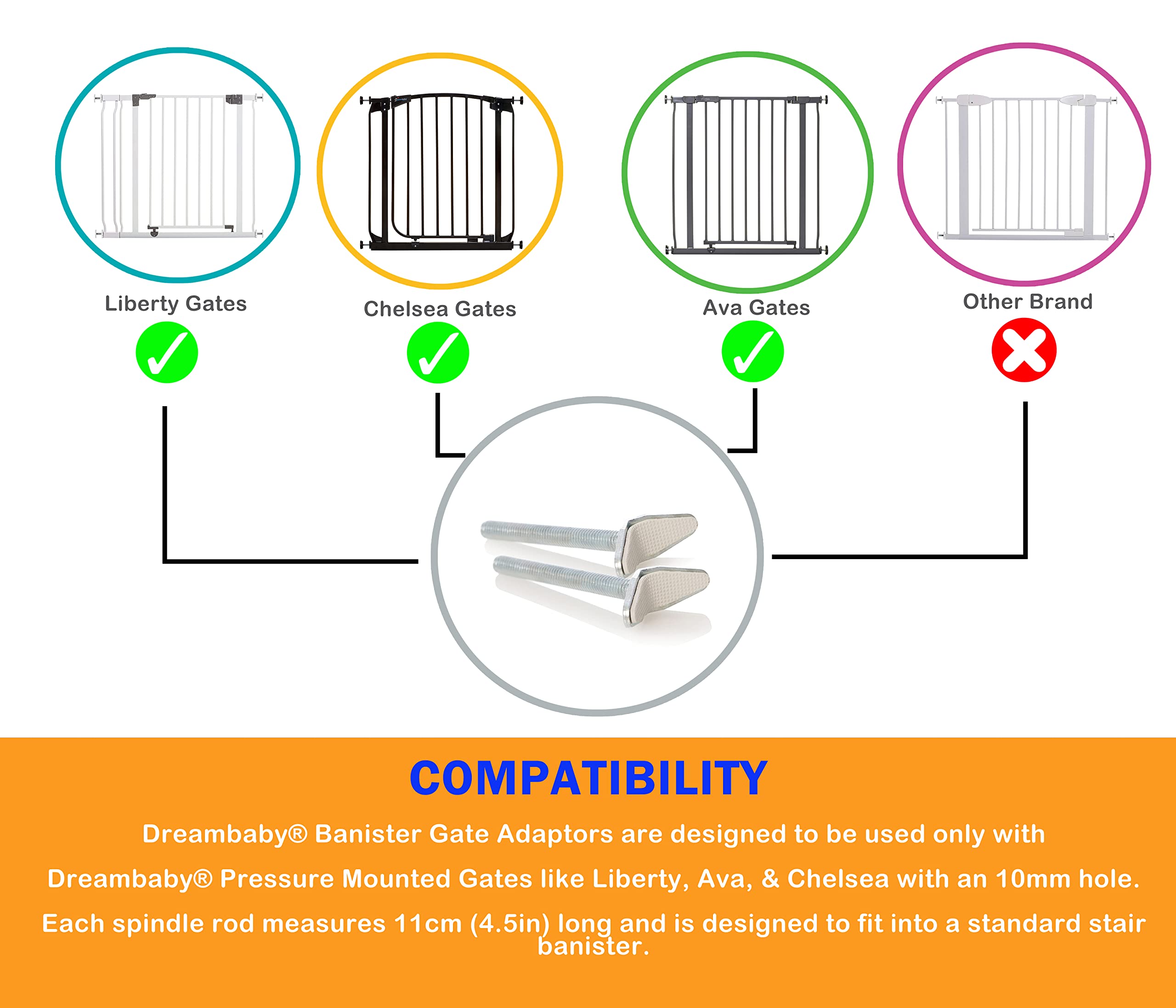 Dreambaby Y-Shaped Spindle Rod Banister Gate Adaptors - For Dreambaby Pressure Mounted Gates - 9.5mm Diameter Size & 4.5inch Length - Silver - 2 Count (Pack of 1) - Model L196