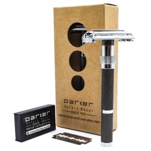 parker, 96r graphite gray long handle butterfly open double edge safety razor for men, 5 parker premium platinum double edge razor blades included