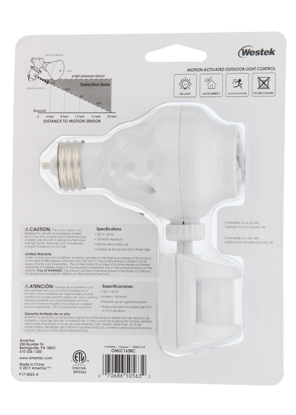 Westek Screw In Motion Sensor Light Socket for Outdoor Lighting - This Motion Sensor Light Socket Adapter Turns On Lights When Movement is Detected, 20ft Distance - (OMLC163BC)