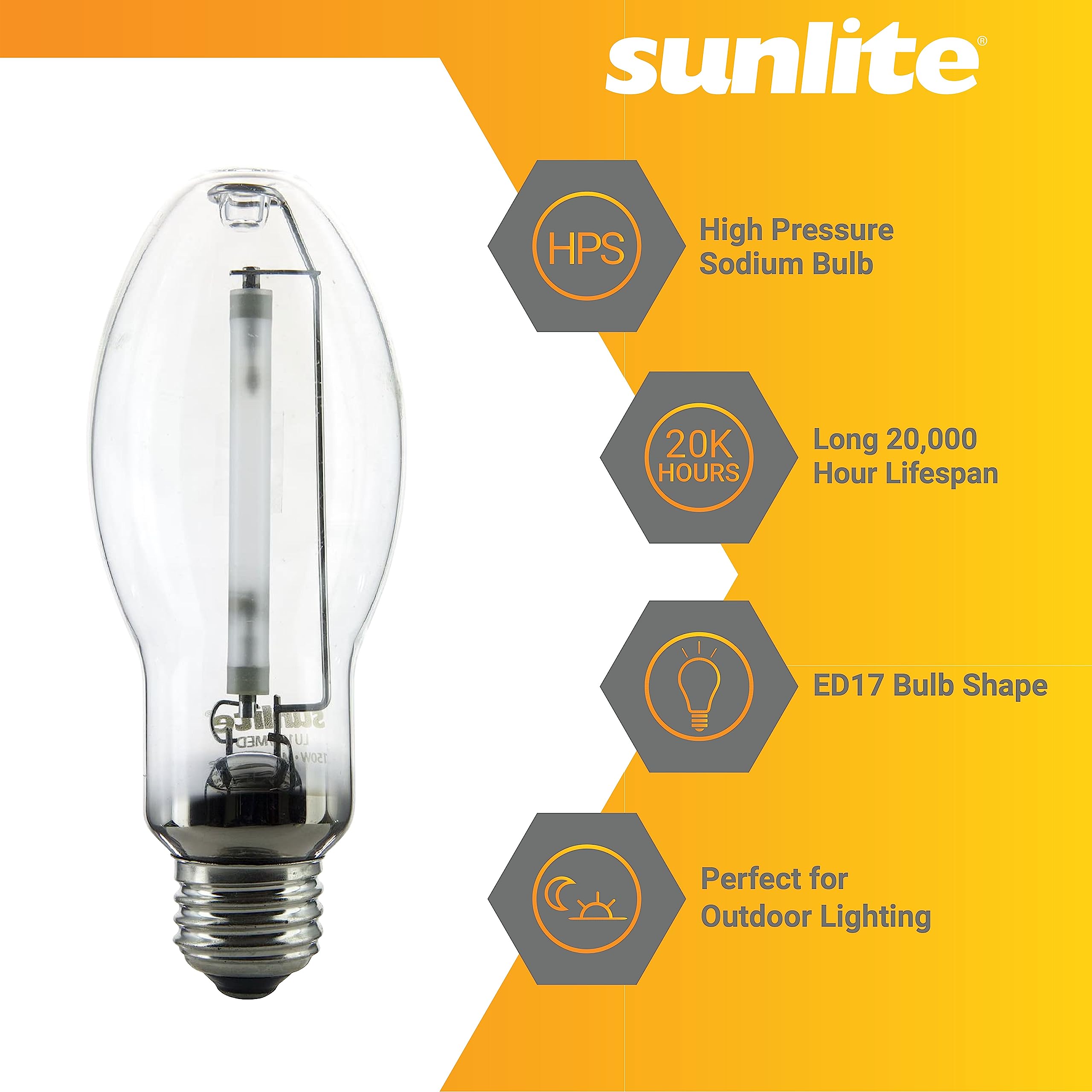 Sunlite LU150/MED High Pressure Sodium Light Bulb, 150 Watts, ED17/MED, Medium Base (E26), ANSI Code S55, 15000 Lumen, 20000 Life Hours, Clear, 2100K