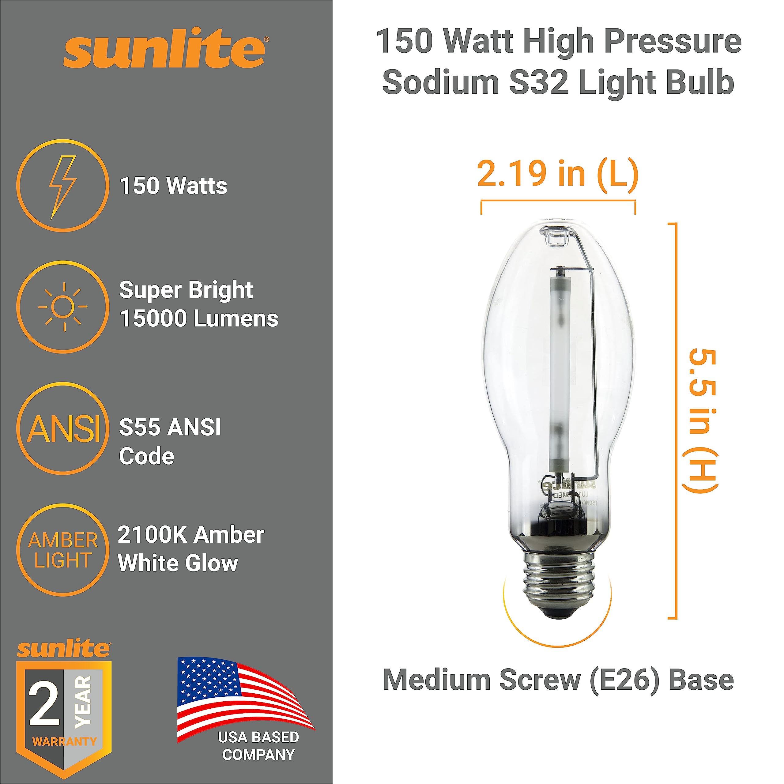 Sunlite LU150/MED High Pressure Sodium Light Bulb, 150 Watts, ED17/MED, Medium Base (E26), ANSI Code S55, 15000 Lumen, 20000 Life Hours, Clear, 2100K