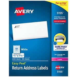 avery printable return address labels with sure feed, 0.5" x 1.75", white, 6,000 blank mailing labels (05155)