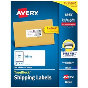 avery printable shipping labels with sure feed, 2" x 4", white, 500 blank mailing labels (8363)