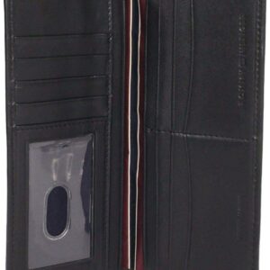 Tommy Hilfiger Leather Secretary Wallet - Slim Long Multipurpose Versatile Vertical Bifold Checkbook Cover, Black