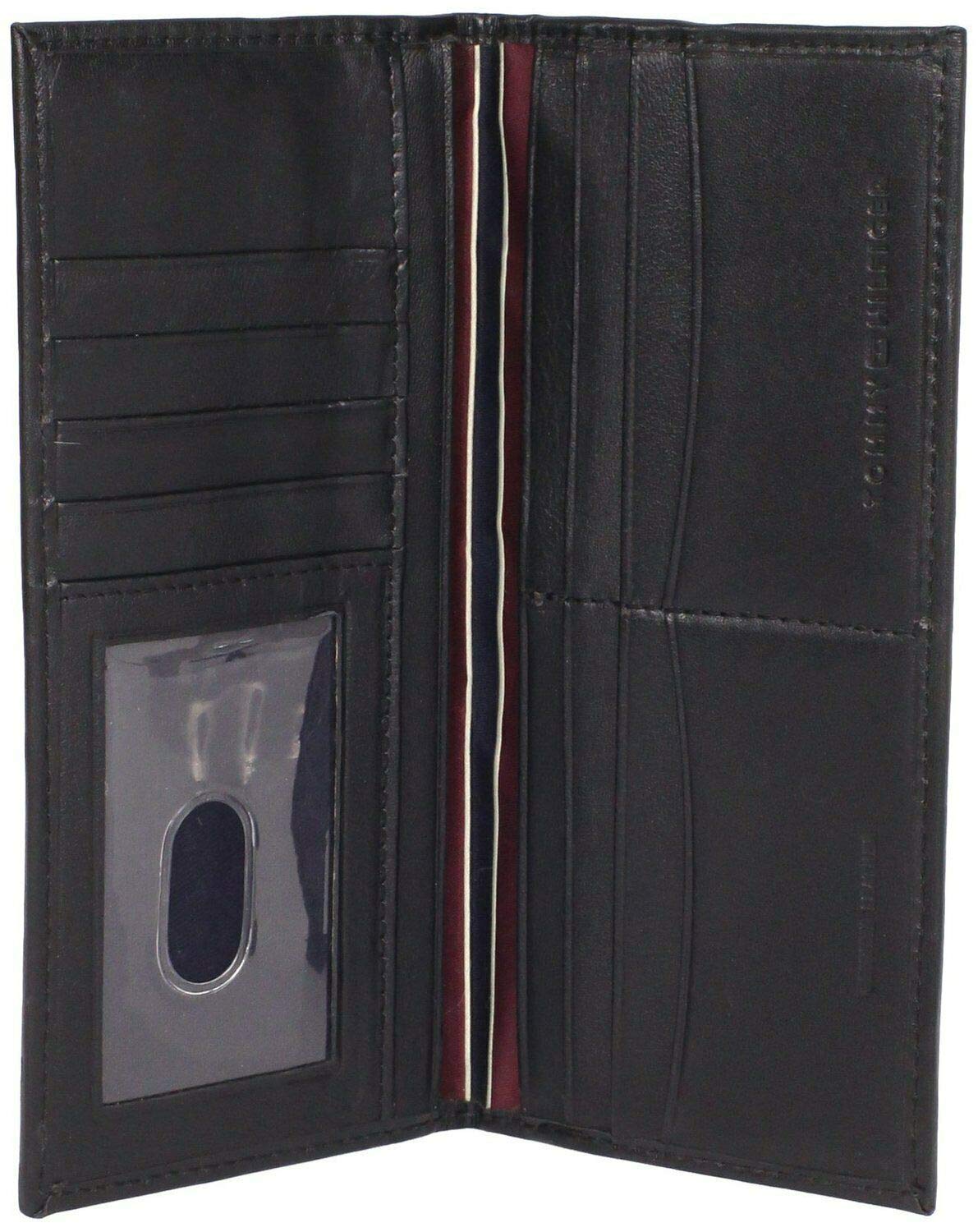 Tommy Hilfiger Leather Secretary Wallet - Slim Long Multipurpose Versatile Vertical Bifold Checkbook Cover, Black