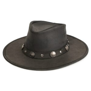 minnetonka buffalo nickel hat - wide brim hat featuring distressed ruff leather, studs and unique buffalo nickel metal accents and hidden steel wire in brim, black, medium