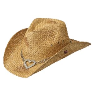 one size brown "heart attack" straw western hat with silver heart pendant