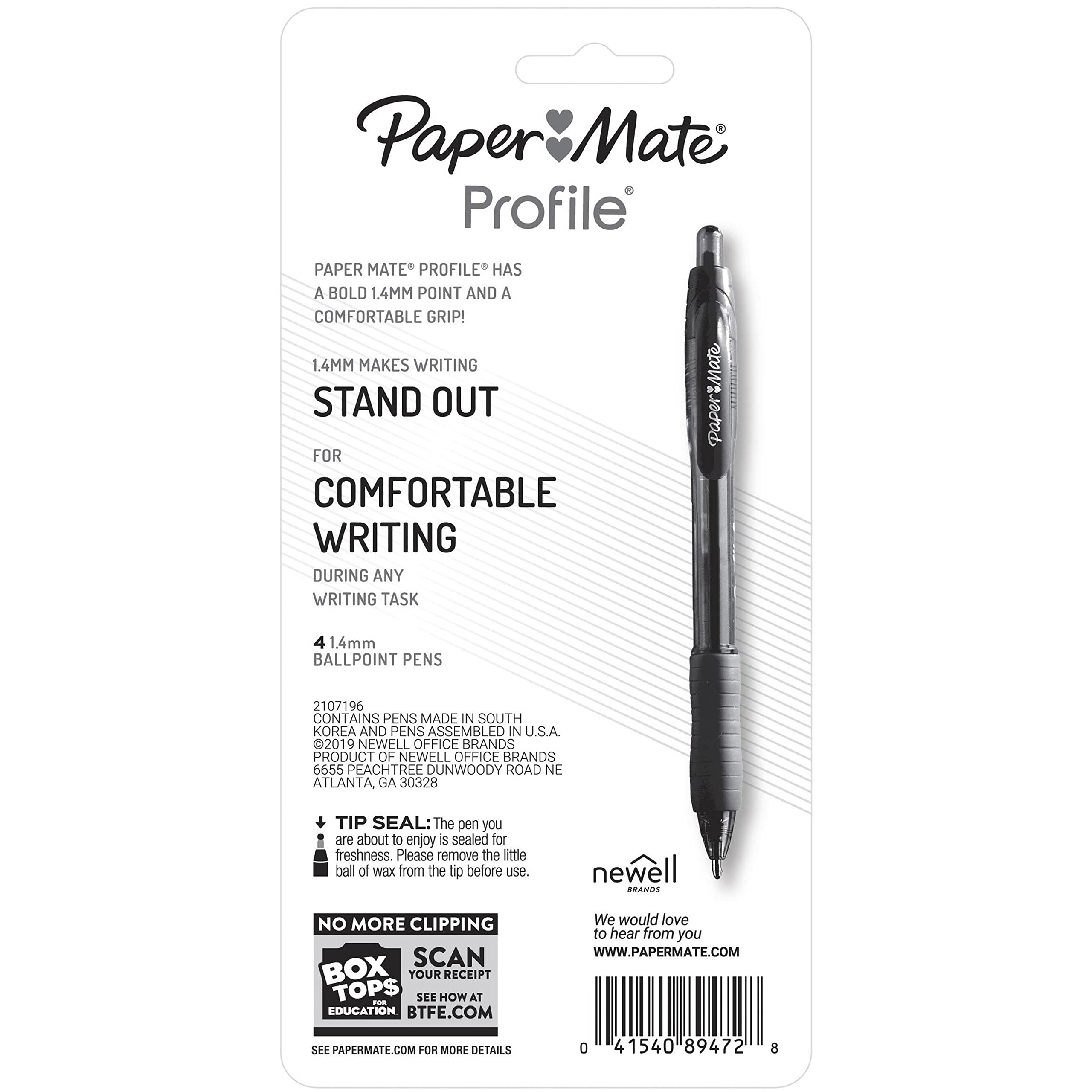 Paper Mate Profile Retractable Ballpoint Pen, Bold Point, Translucent Barrel, Blue Ink, 4 Count