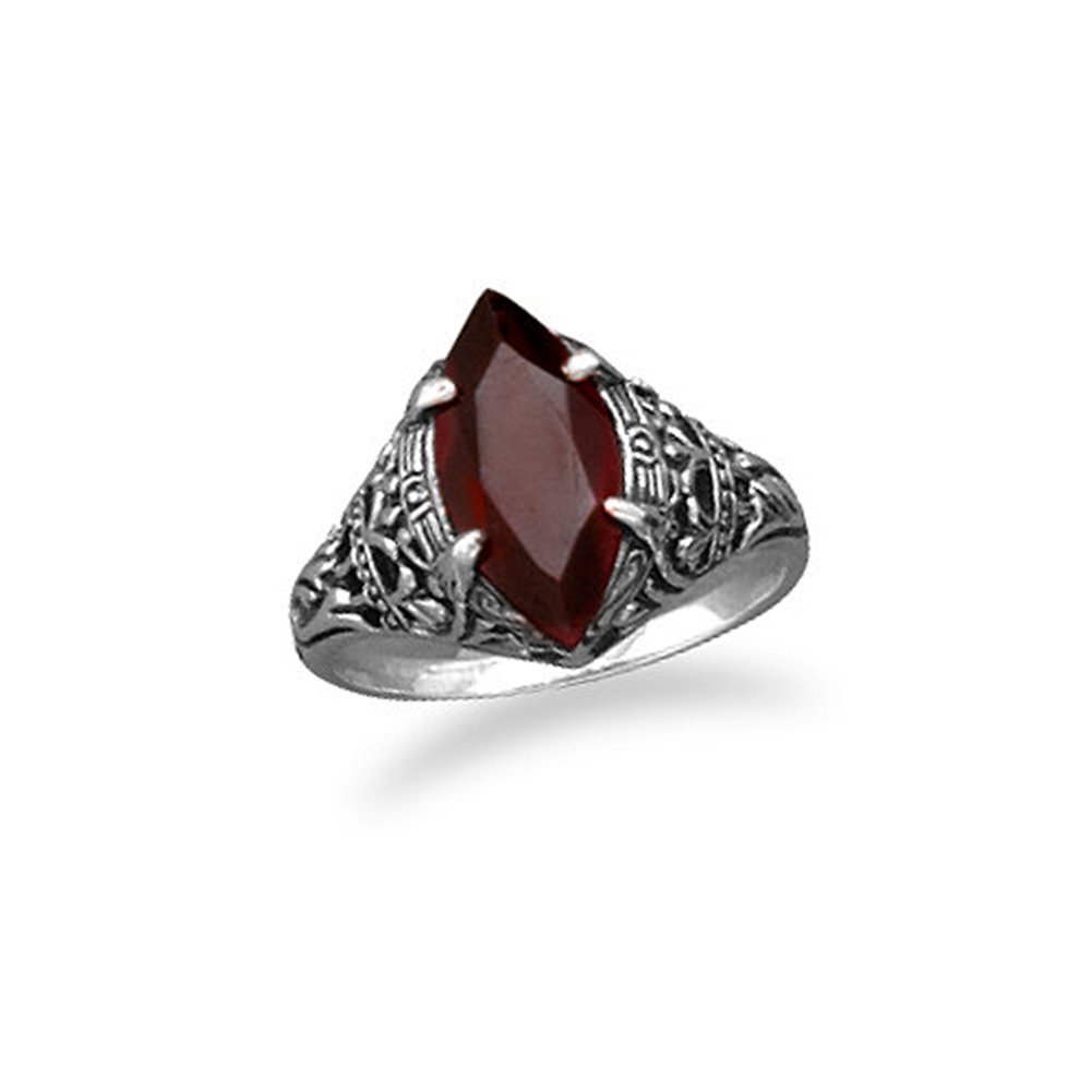 AzureBella Jewelry Marquise Garnet Ring Sterling Silver Antique Finish Vintage Style, 9