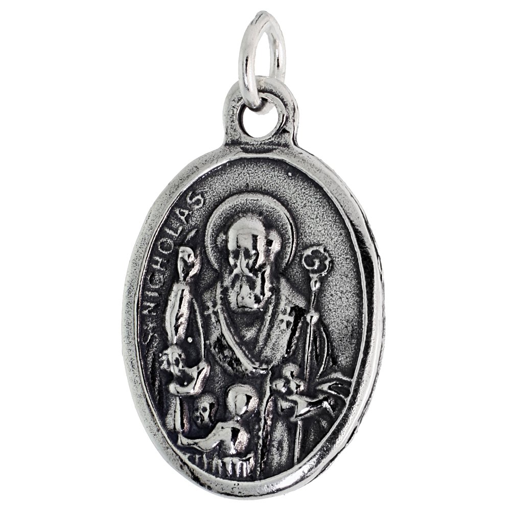 Sterling Silver St Nicholas Medal Pendant Oxidized finish Oval 7/8 inch