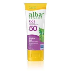 alba botanica kids sunscreen for face and body, tropical fruit sunscreen lotion for kids, broad spectrum spf 50, water resistant and hypoallergenic, 3 fl. oz. bottle