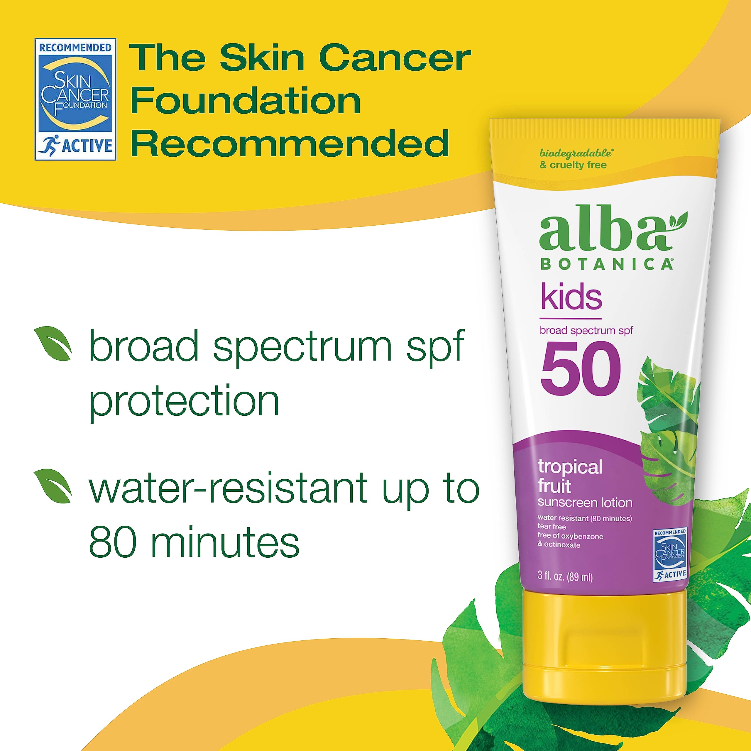 Alba Botanica Kids Sunscreen for Face and Body, Tropical Fruit Sunscreen Lotion for Kids, Broad Spectrum SPF 50, Water Resistant and Hypoallergenic, 3 fl. oz. Bottle