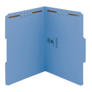 smead 100% recycled fastener file folder, 2 fasteners, reinforced 1/3-cut tab, letter size, blue, 50 per box (12041)