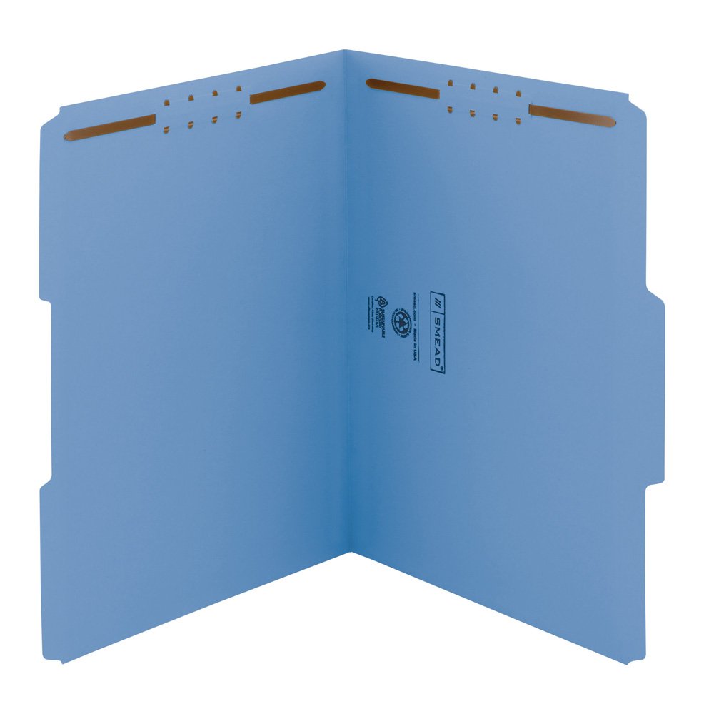 Smead 100% Recycled Fastener File Folder, 2 Fasteners, Reinforced 1/3-Cut Tab, Letter Size, Blue, 50 per Box (12041)